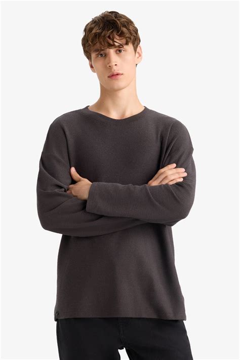 Anthracite Man Boxy Fit Long Sleeve T Shirt 3329422 Defacto