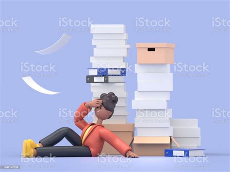 아프리카계 미국인 여성 코코가 바닥에 앉아 종이 문서 더미로 머리를 움켜쥐고 있는 3d 그림 과로 개념입니다 흰색 배경에 3d 렌더링입니다 아프리카계 미국 민족에 대한 스톡