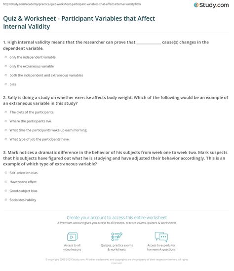 Quiz And Worksheet Participant Variables That Affect Internal Validity