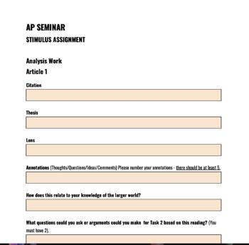 AP Seminar Task 2 Stimulus Assignment Argument Focused TPT