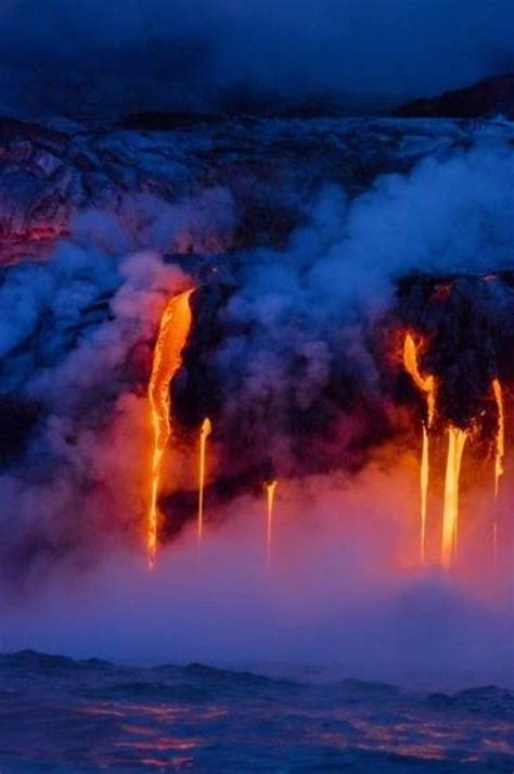 Lava Flows Into The Ocean At Night