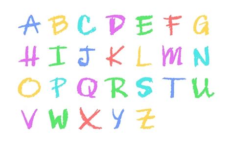 크레용으로 손으로 그린 영어 알파벳 초크 파스텔 또는 왁스 스타일의 다채로운 문자를 대문자로 씁니다 유치원 그림 및 학습을 위한 화이트 보드에 형광펜 효과 만화 벡터