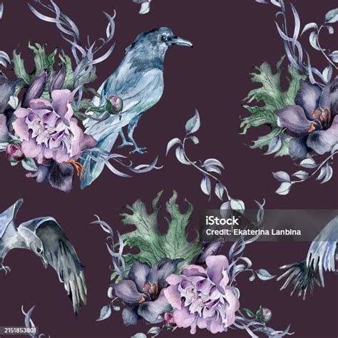 고딕 양식의 꽃 완벽 한 패턴 와 까마귀 그려진 검은 백합 모란 꽃 수채화 그림 절연 통하고 있는 검은 색 검은 새와 어두운 식물 장식 초대 요소 배경 0명에 대한 스톡