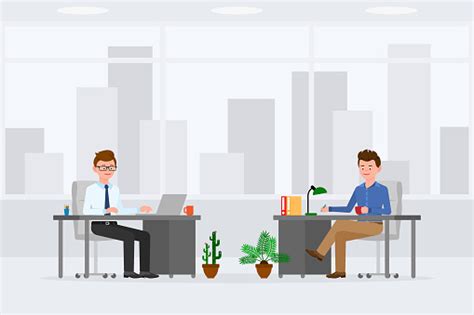 좋은 사무실 노동자 남자 동료 벡터 그림입니다 사이드 뷰 쓰기 노트 책상에 앉아 컴퓨터 소년과 도시 경관 배경에 설정 된 남자