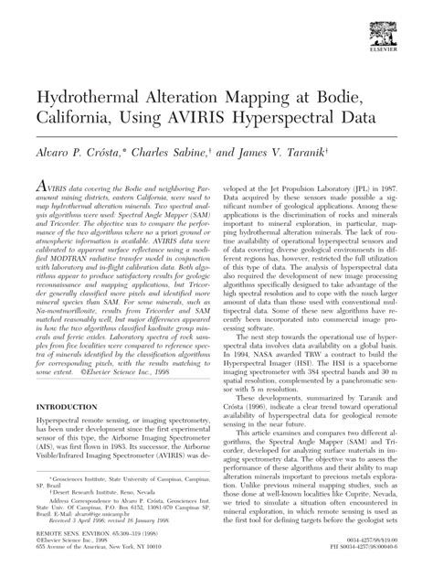 Pdf Hydrothermal Alteration Mapping At Bodie California Using Aviris Hyperspectral Data