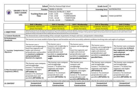 Daily Lesson Log Mathematics 7 Geometrical Constructions Docx