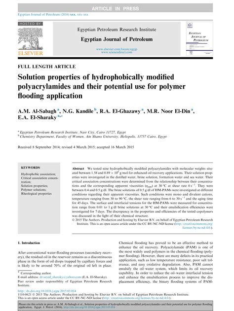 Pdf Solution Properties Of Hydrophobically Modified Polyacrylamides And Their Potential Use