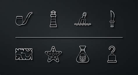 세트 라인 흡연 파이프 해적 보물 지도 검 동전 불가사리 등대 갈고리 및 메시지 물 아이콘이 있는 병 벡터 가방에 대한 스톡 벡터 아트 및 기타 이미지 Istock