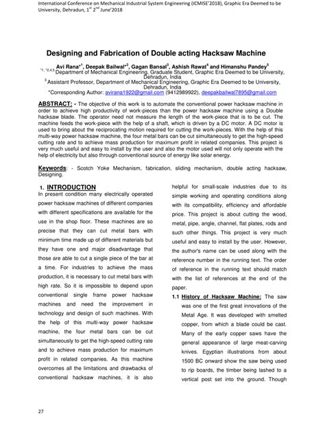 Pdf Designing And Fabrication Of Double Acting Hacksaw Machine