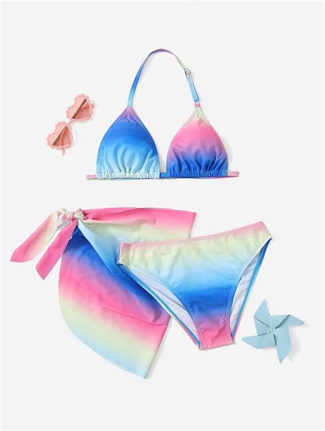 3packs Tween Girl Ombre Triangle Bikini Set And Beach Skirt Summer Beach