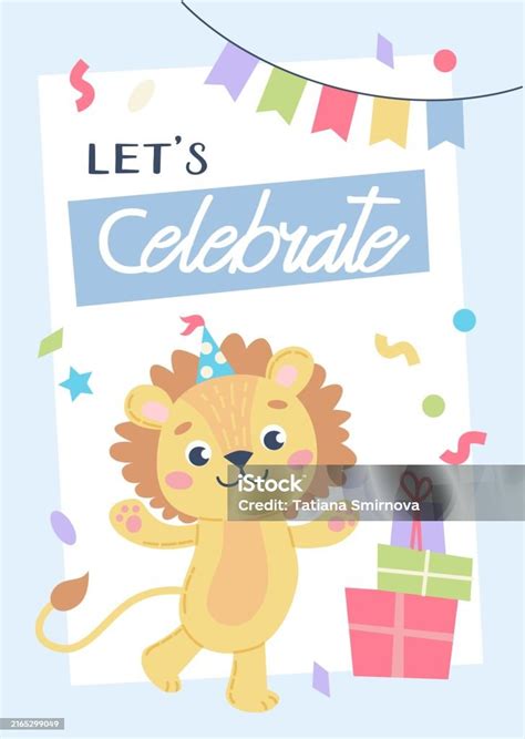 어린이 생일 카드입니다 파티 모자를 쓴 귀여운 사자 벡터 일러스트 레이 션 템플릿 0명에 대한 스톡 벡터 아트 및 기타 이미지 0명 귀여운 기념일 Istock