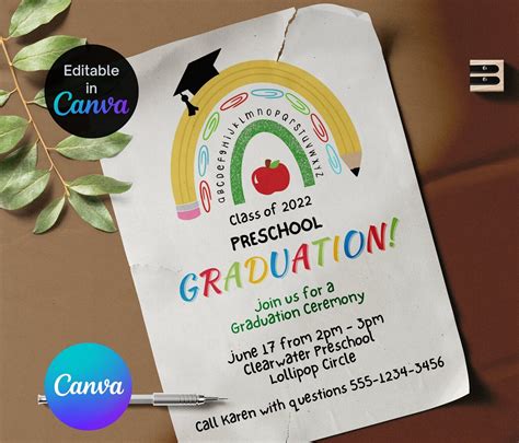 Editable Preschool Graduation Invitation Preschool Pre K Graduation Ceremony Invite Colourful
