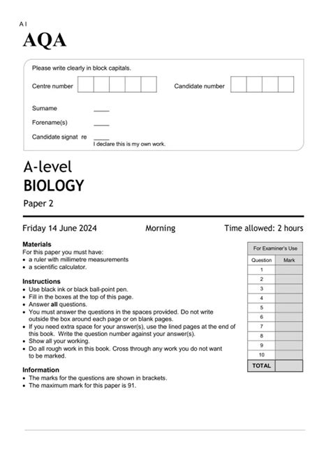 Aqa A Level Biology Paper 1 2 And 3 June 2024 Question Papers And Mark