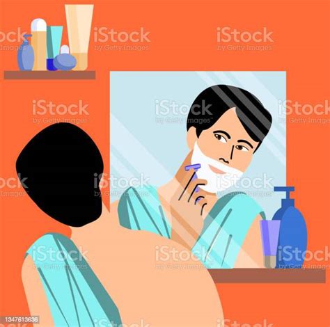 거울 앞에서 폼 크림을 바르고 면도기로 얼굴을 면도하는 남자 남자에 대한 스톡 벡터 아트 및 기타 이미지 남자 만화 복고풍 Istock