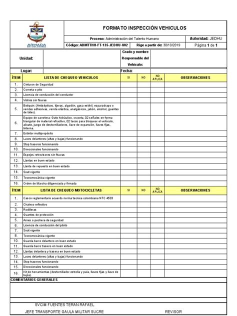 Formato Inspección Vehiculos Pdf Vehículo De Motor Vehículos
