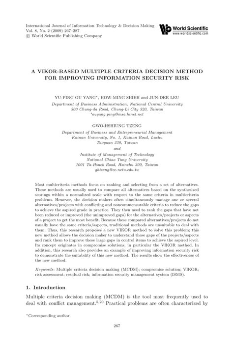 Pdf A Vikor Based Multiple Criteria Decision Method For Improving Information Security Risk