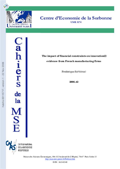 Pdf Impact Of Financial Constraints On Innovation What Can Be Learned From A Direct Measure