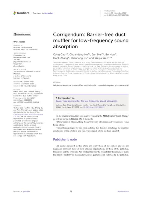 Pdf Corrigendum Barrier Free Duct Muffler For Low Frequency Sound