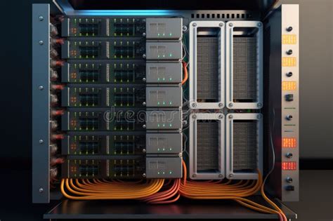 Rack Housing Server Data Storage Hardware In A Data Center The Equipment Is Connected By A Lot