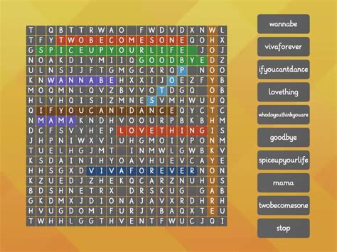Spice Girls Songs Wordsearch