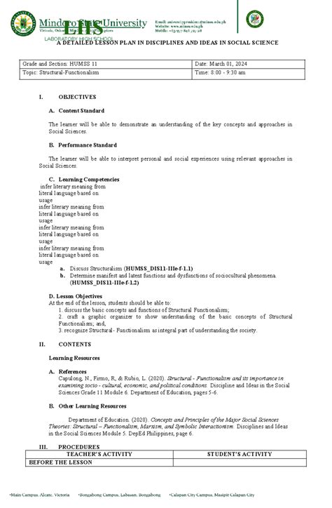 Humss 11 Lesson Plan Understanding Structural Functionalism In Social