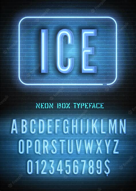 어두운 벽돌 배경에 파란색 네온 상자 알파벳이 있는 얼음 기호 야간 조명 상자 빛나는 효과 숫자 벡터 그림이 있는 좁은 글꼴 프리미엄 벡터