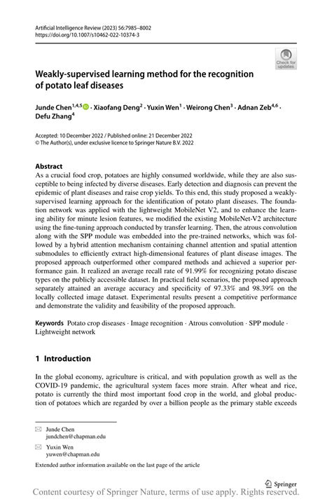 Weakly Supervised Learning Method For The Recognition Of Potato Leaf Diseases Request Pdf