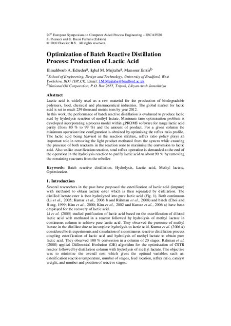 Pdf Optimization Of Batch Reactive Distillation Process Production Of Lactic Acid