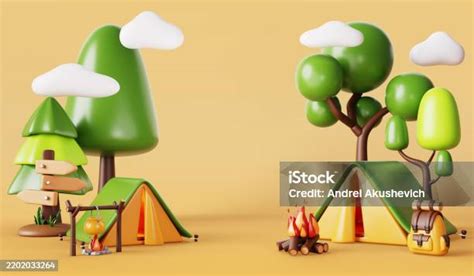 모닥불 텐트 배낭 나무 화살표 표지판이 있는 숲의 3d 여름 캠프 캠프장 나무 불타는 중산모가 있는 만화 렌더링 풍경 여행 하이킹 활동 휴가용 장비 3차원 형태에 대한 스톡