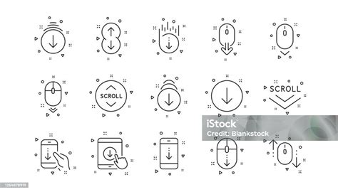 줄 아이콘을 아래로 스크롤합니다 마우스 스크롤 방문 페이지 스 와이프 기호 선형 집합입니다 벡터 0명에 대한 스톡 벡터 아트 및