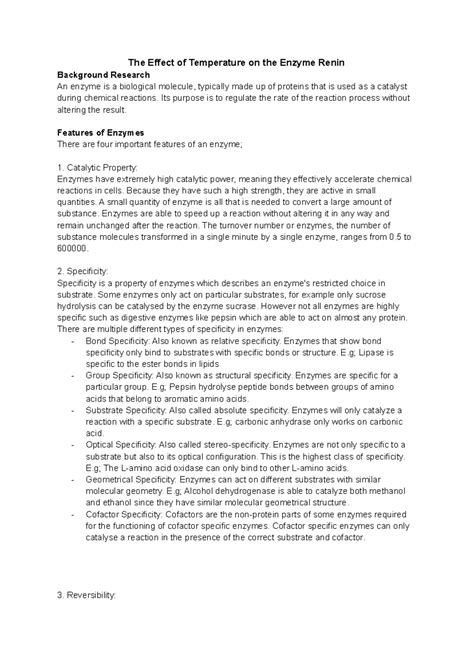 The Impact Of Temperature On Rennin Enzyme Activity A Study Studocu