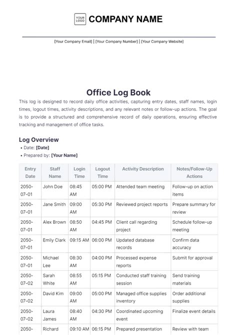 Free Office Log Book Template To Edit Online