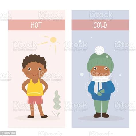 반대 형용사 설명 카드 Hot 및 Cold 언어 학습을 위한 단어 카드 여름과 겨울 옷을 입은 재미있는 소년들 어린이를 위한 반의어가 있는 플래시 카드 템플릿 아이에 대한