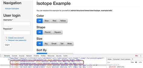 isotope applying css style for positioning to isotope grid sizer and