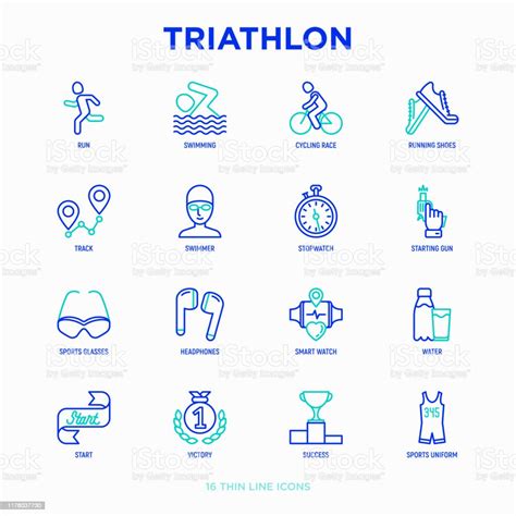트라이 애슬론 얇은 라인 아이콘 세트 주자 수영 사이클링 경주 스톱워치 시작 총 스포츠 안경 시작 승리 성공 현대 벡터 그림입니다 아이콘에 대한 스톡 벡터 아트 및 기타
