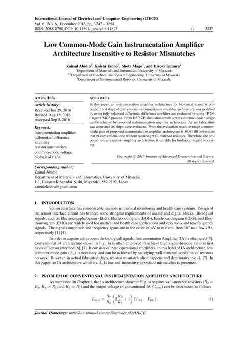 Pdf Low Common Mode Gain Instrumentation Amplifier Architecture Insensitive To Resistor Mismatches