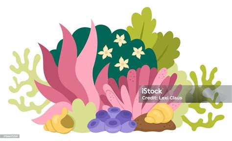 벡터 마법 해초 숲 풍경 벽지 조개껍데기와 산호가 있는 동화 속 수중 세계 개념입니다 판타지 해양 자연 그림입니다 귀여운 동화 장면이나 바다 식물과의 어레인지 공주에 대한