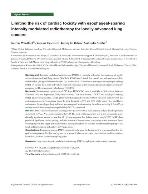 Pdf Assessing The Risk Of Cardiac Toxicity With Esophageal Sparing Intensity Modulated