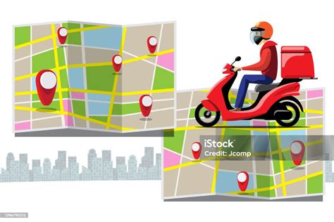 큰 고립 된 오토바이 벡터 다채로운 아이콘 Gps 추적 위치를 통해 오토바이로 배달의 플랫 일러스트레이션 배달 자전거 피자 및 음식 배달 즉시 배달 온라인 배달 Biker