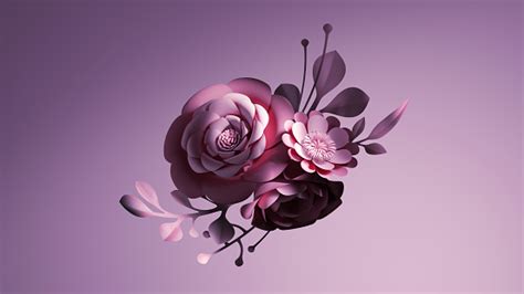 추상적인 종이 꽃과 나뭇잎의 3d 렌더링 파스텔 핑크 색조의 축제 장식 요소 구성은 대비되는 빛으로 조명되어 미니멀한 분위기를 연출합니다 0명에 대한 스톡 사진 및 기타