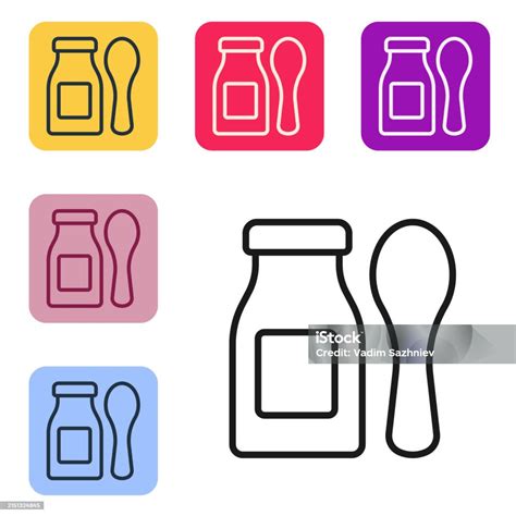 검은 선 흰색 배경에 고립 된 숟가락 아이콘과 함께 병에 요구르트를 마시고 있습니다 이유식 컬러 사각형 버튼으로 아이콘을 설정합니다 벡터 0명에 대한 스톡 벡터 아트 및