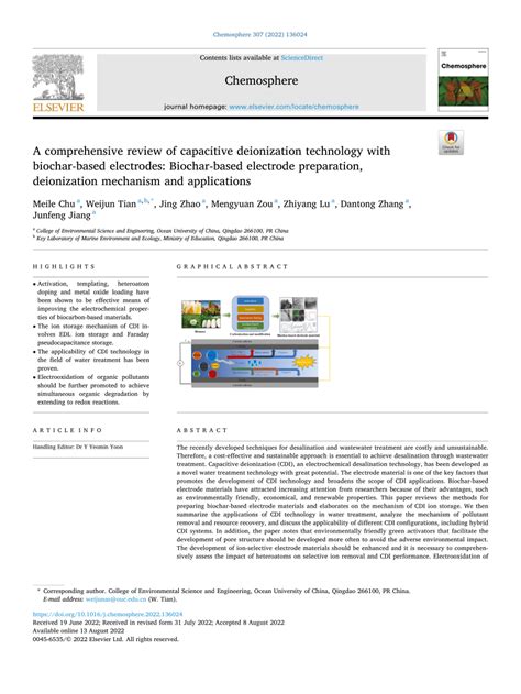 Pdf A Comprehensive Review Of Capacitive Deionization Technology With Biochar Based Electrodes