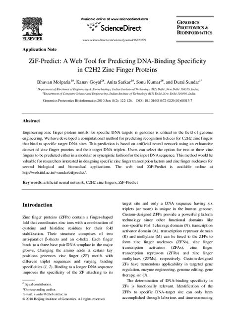 Pdf Zif Predict A Web Tool For Predicting Dna Binding Specificity In C2h2 Zinc Finger Proteins
