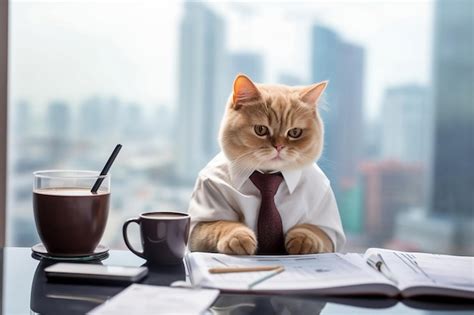 Premium Ai Image Kitten In Shirt And Tie Navigates Spreadsheets In A Sleek Office Overlooking