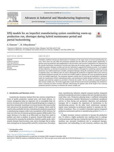 Pdf Epq Models For An Imperfect Manufacturing System Considering Warm