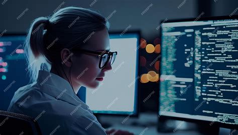 Premium Photo In The Office A Female Programmer Sits In Front Of A