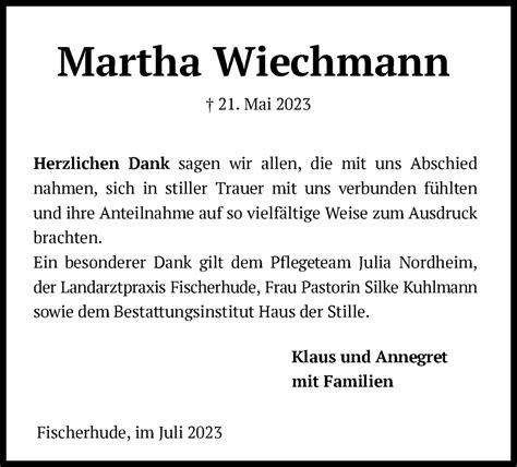 Traueranzeigen Von Martha Wiechmann Trauerkreiszeitungde