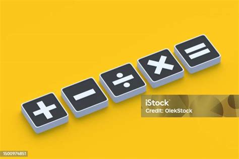 단추에 있는 수학 기호 행입니다 더하기 빼기 곱하기 나누기 및 같음 기본 수학 기호 초등 교육 재무 감사 경제학 통계 데이터 3d 렌더링 3차원 형태에 대한 스톡 사진 및