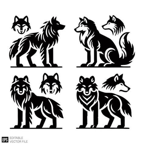 Set Of Wolf Graphic Design Black And White Vector Clip Art Silhouette