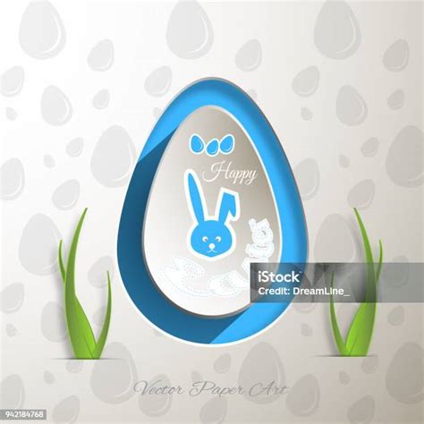 그림자 토끼 실루엣으로 회색 부활절 달걀 계란 패턴 및 종이 잔디와 그라데이션 회색 배경에 바느질 된 텍스트 레이블 4월에 대한 스톡 벡터 아트 및 기타 이미지 Istock